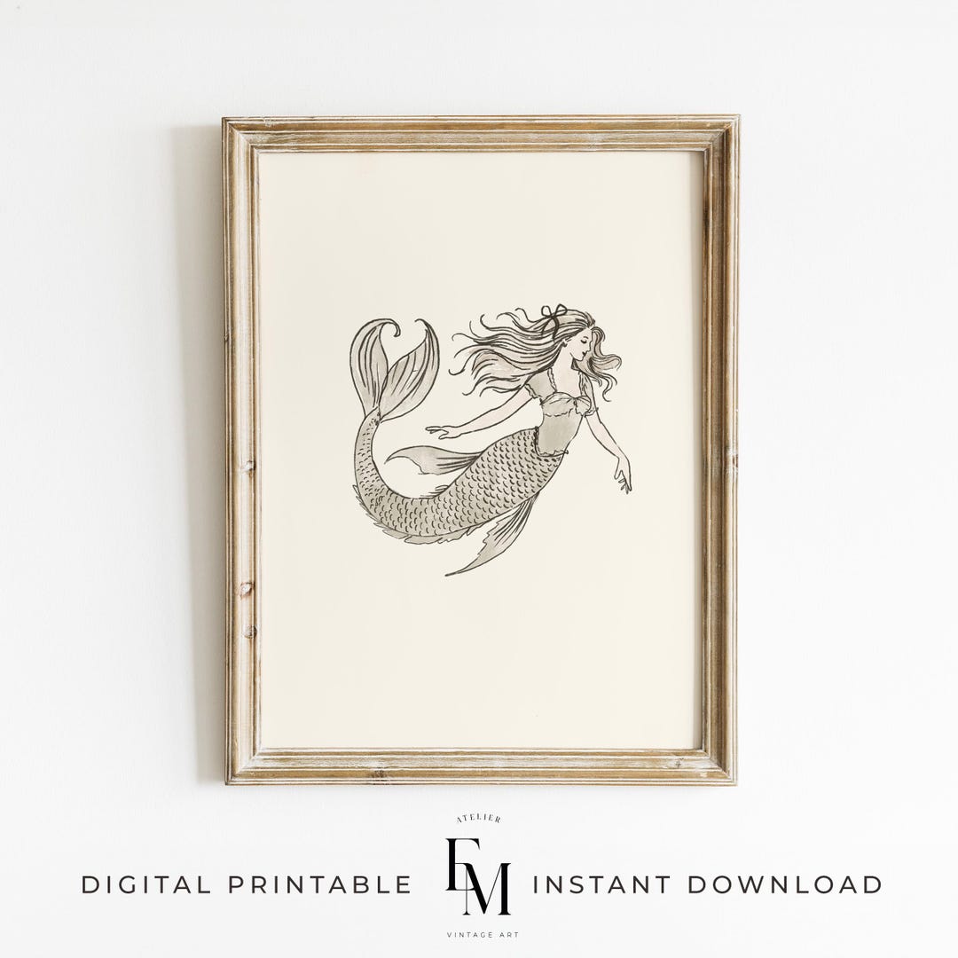 Vintage Mermaid Poster Girl Room Decor Whimsical Mermaid Print Antique ...