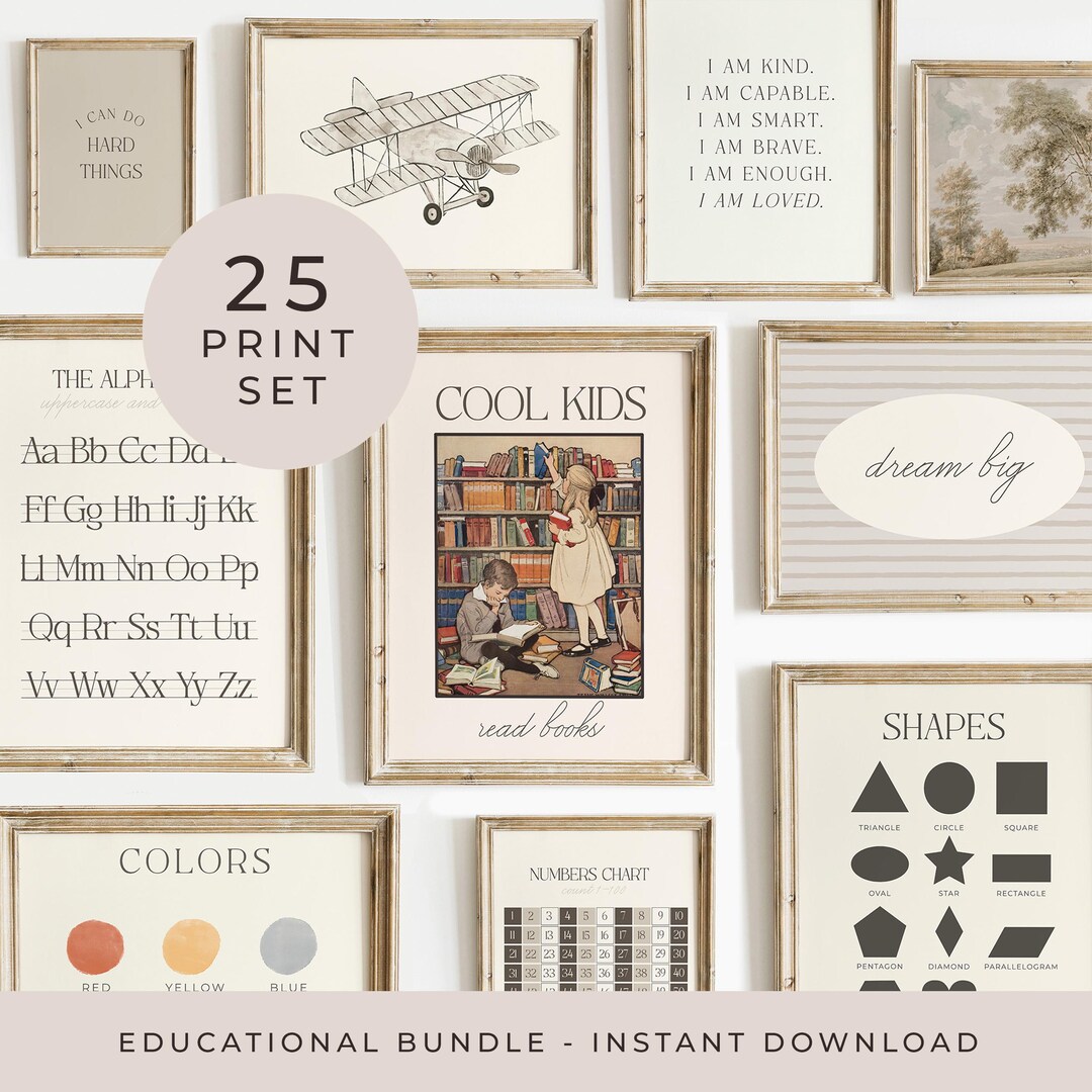 Educational Gallery Wall Set of 25 Prints Muted Tones Classroom Poster ...