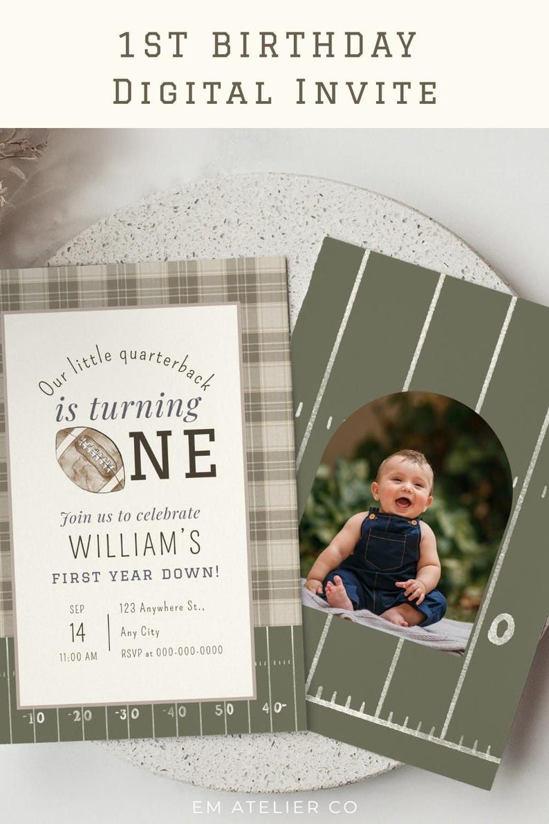 Boy First Down Birthday Evite 1st Year Theme Football Invite Boys ...