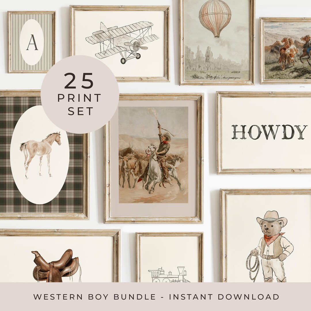Western Gallery Wall Set of 25 Cowboy Prints Big Boy Room Decor Vintage ...