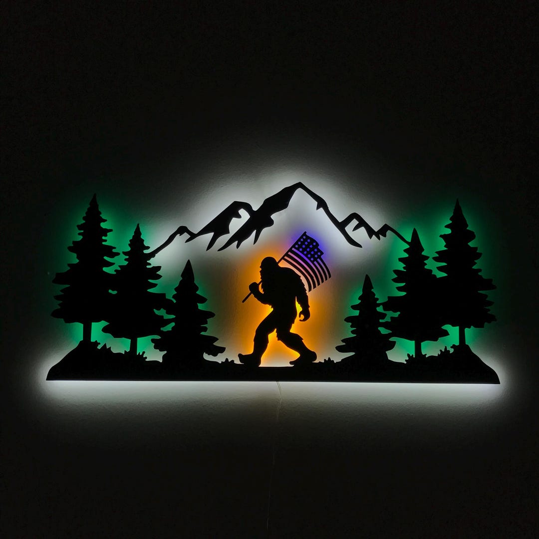 Sasquatch Metal Wall Decor, Bigfoot With USA Flag, Yeti Led Lighted ...
