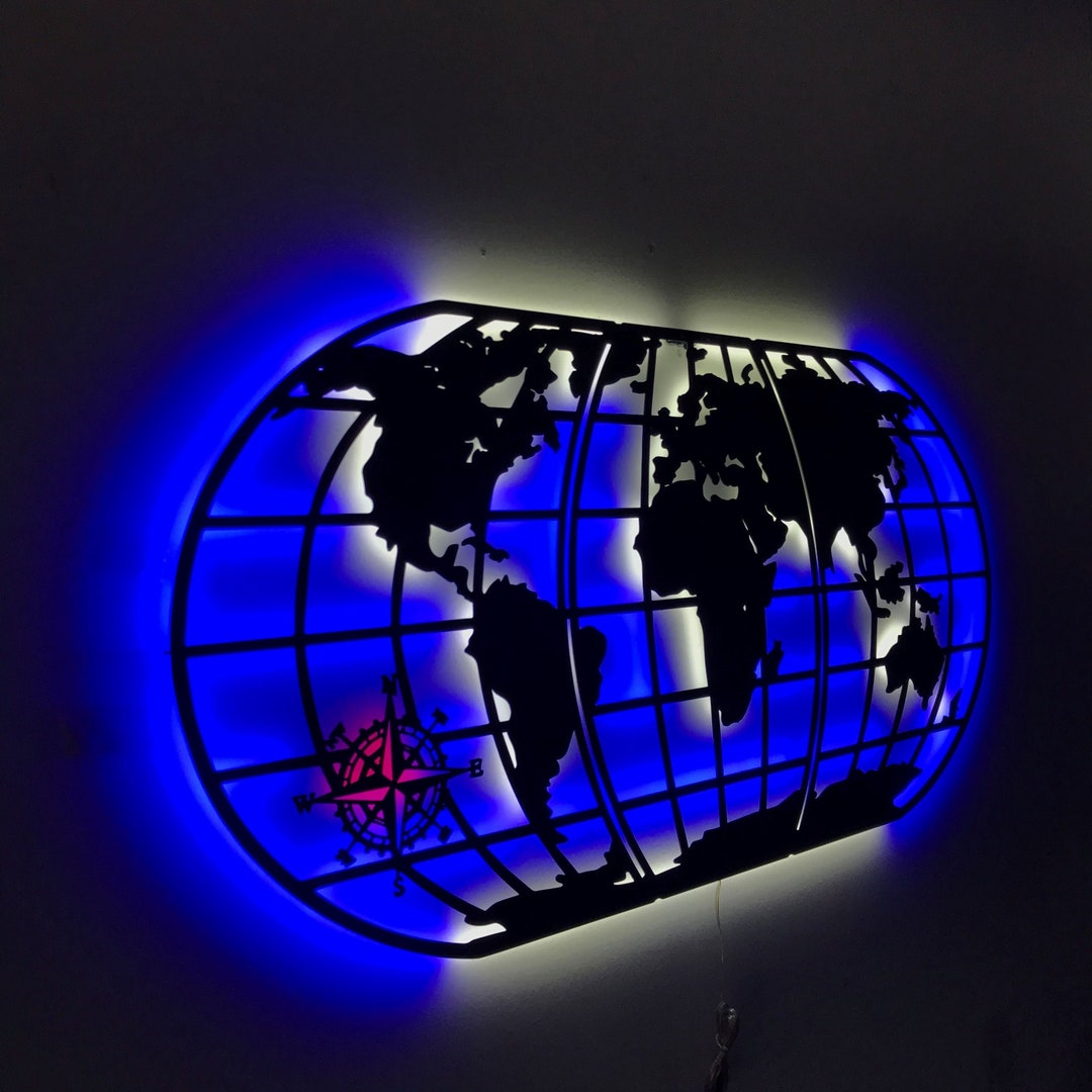Metal Led Lighted World Map Wall Art, Metal Map, Gift for Him, World ...