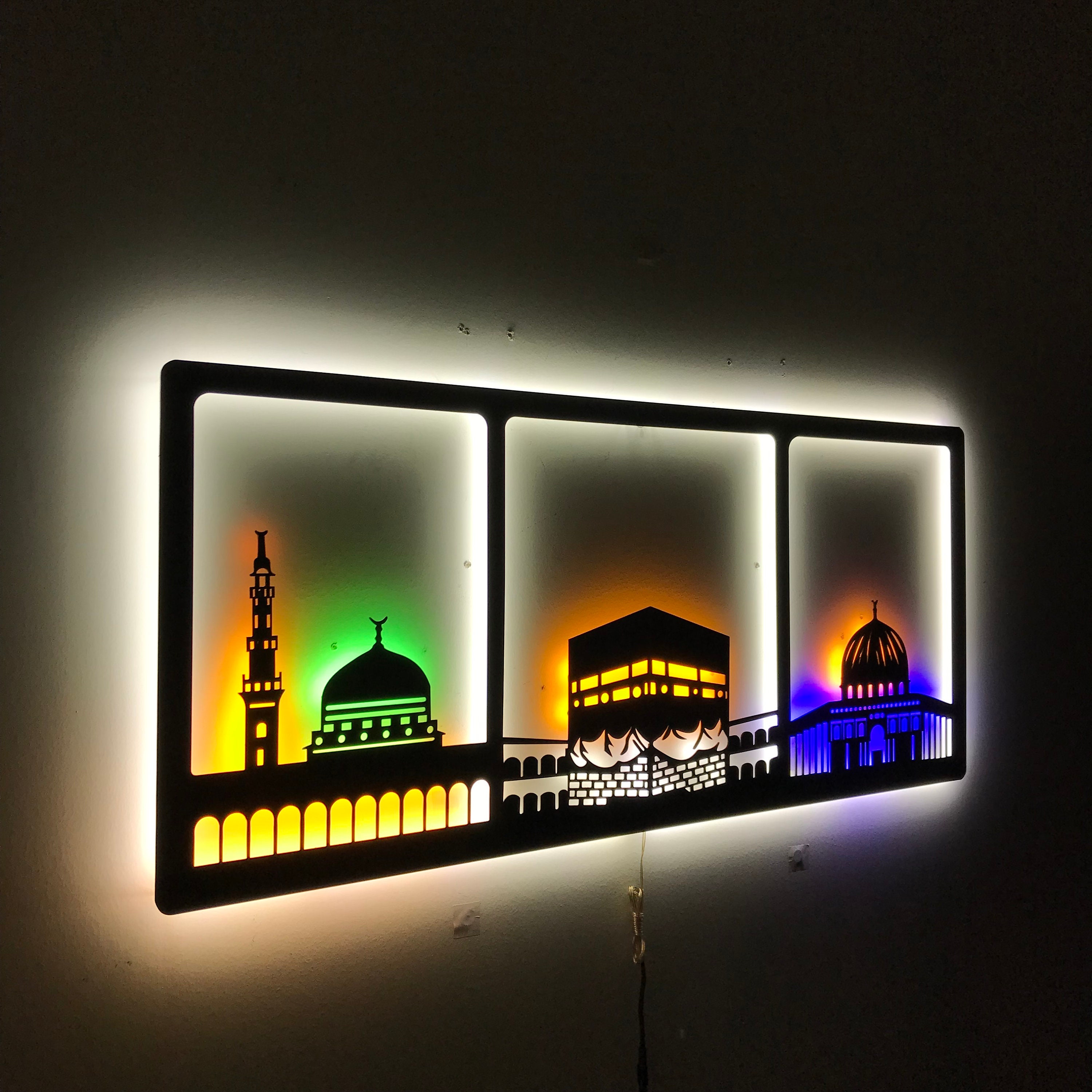 Metal Led Lighted Islamic Wall Art, Kaaba, Masjid Al Aqsa, Masjid an ...