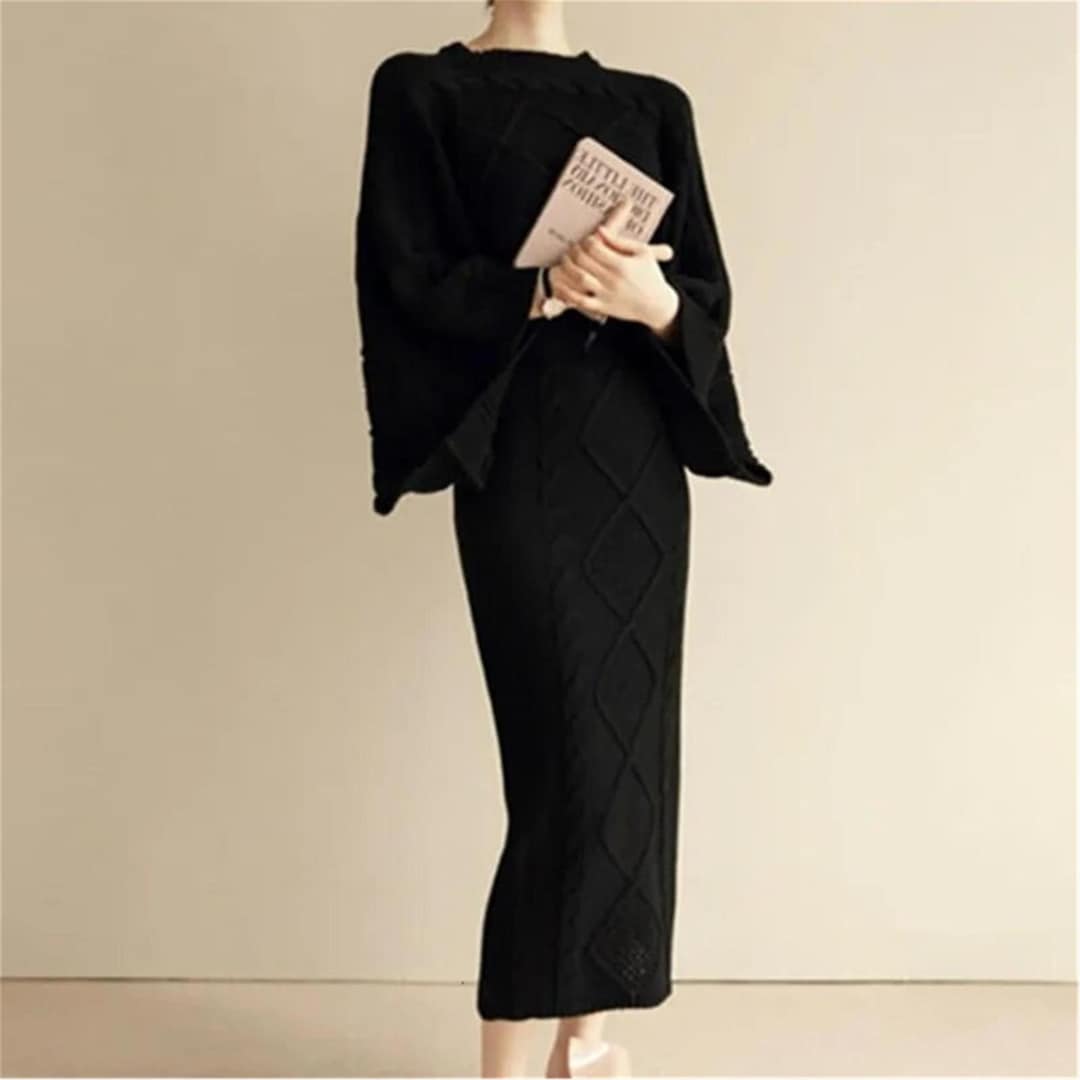 Boho Two-piece Sweater Dress Set, Women's Knitted Autumn & Winter ...