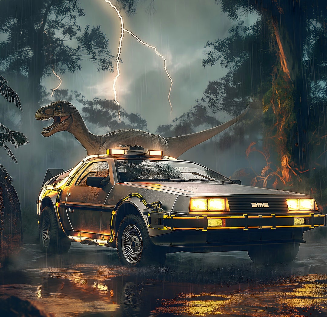 Back to the Future Delorean Goes Jurassic Poster - Etsy