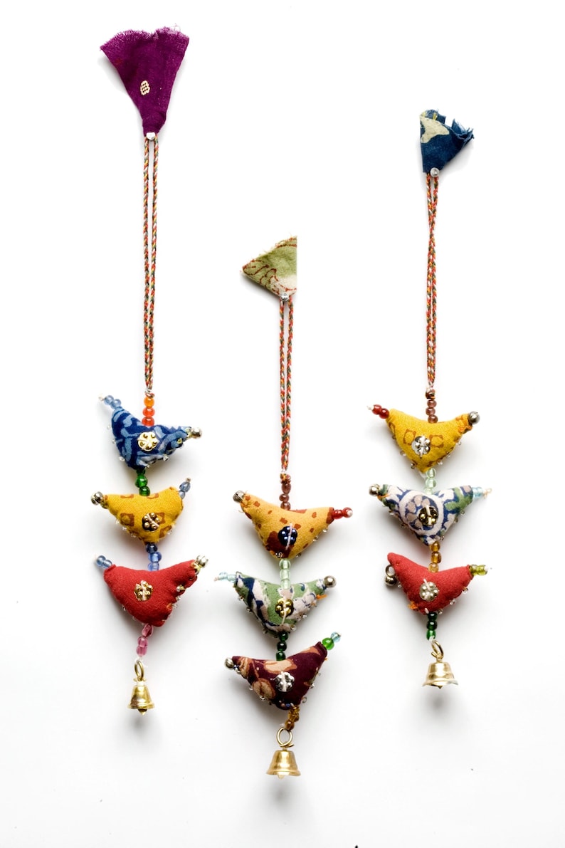 Prosperity Hen Ornaments: Handmade Indian Fabric & Bell Decor - Etsy