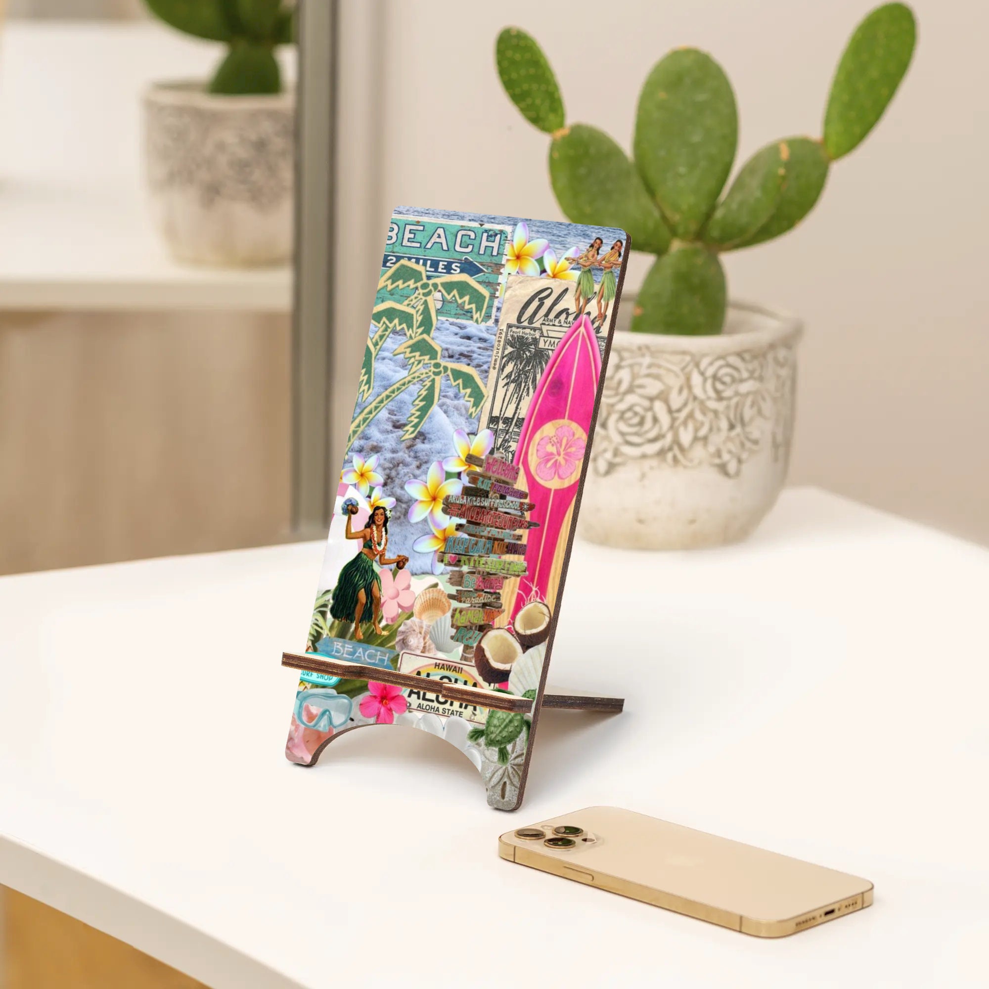Tropical Hawaii Wood Phone Stand, Coastal Aesthetic Holder for iPhone ...