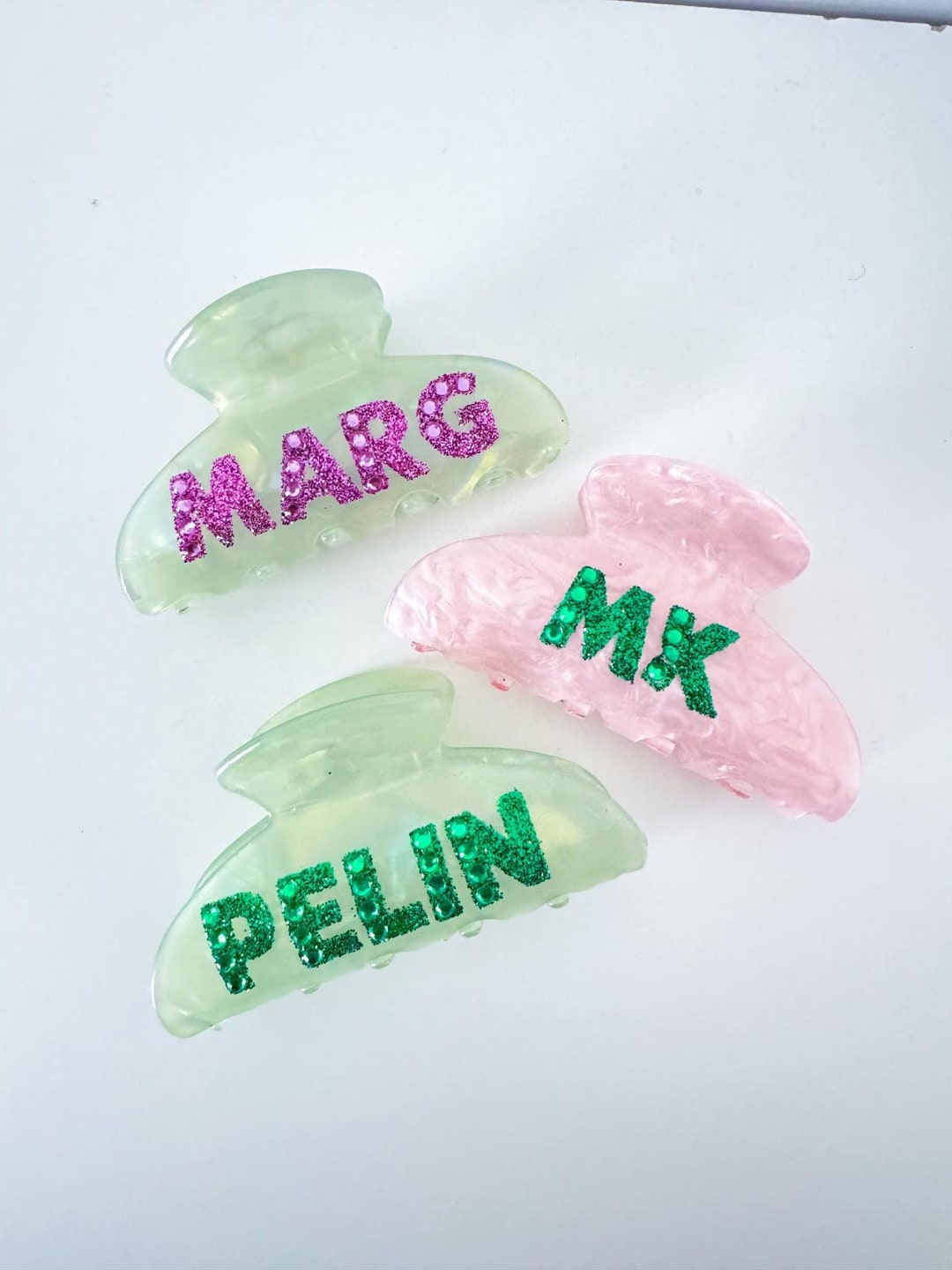 Personalized Green Hair Clips | Margs and Matrimony Bach Favors | Miami ...