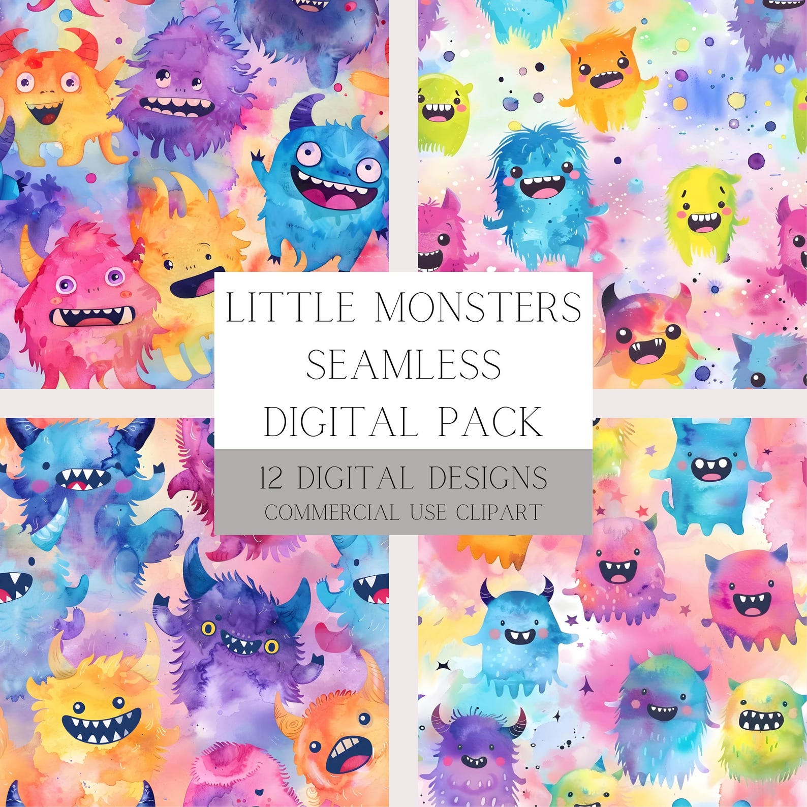 Vibrant Monster Clipart Bundle With Watercolor Background and Patterns ...