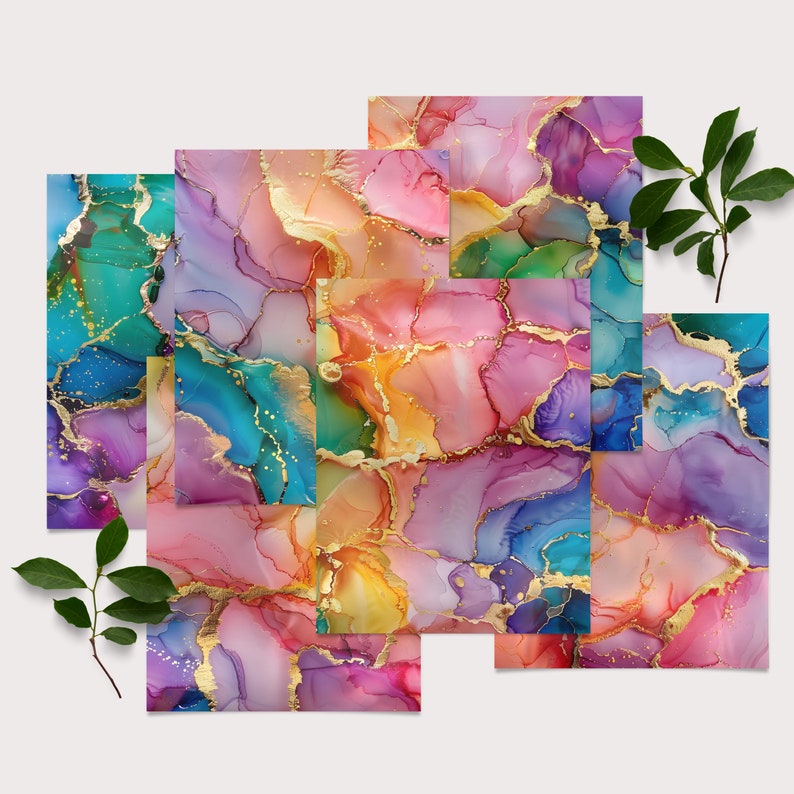 Vibrant Rainbow Alcohol Ink Patterns Digital Download for Scrapbook and ...