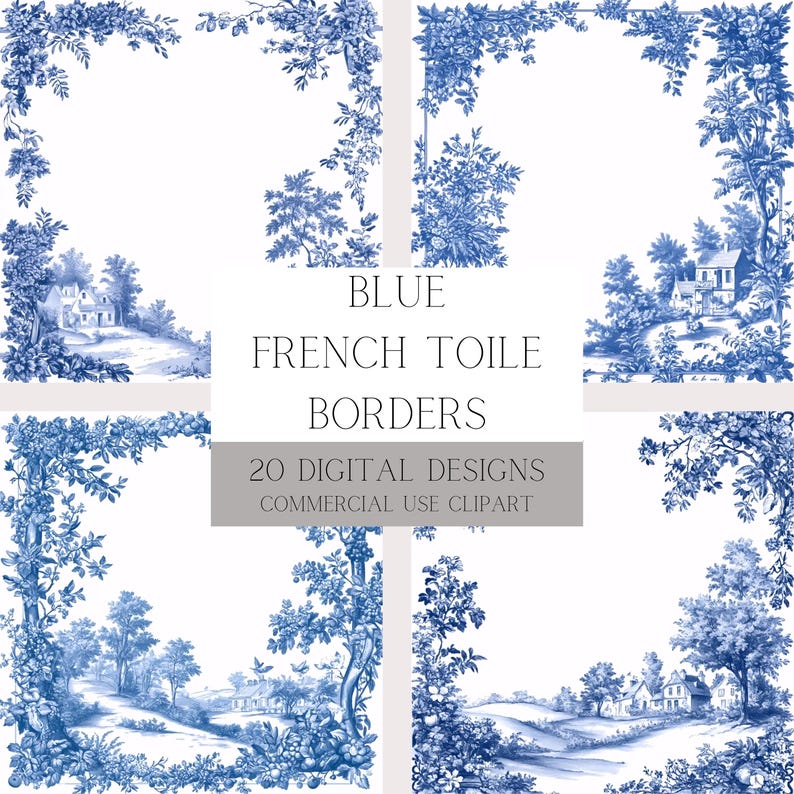 Vintage Blue French Toile Digital Paper: Elegant Countryside Clipart ...