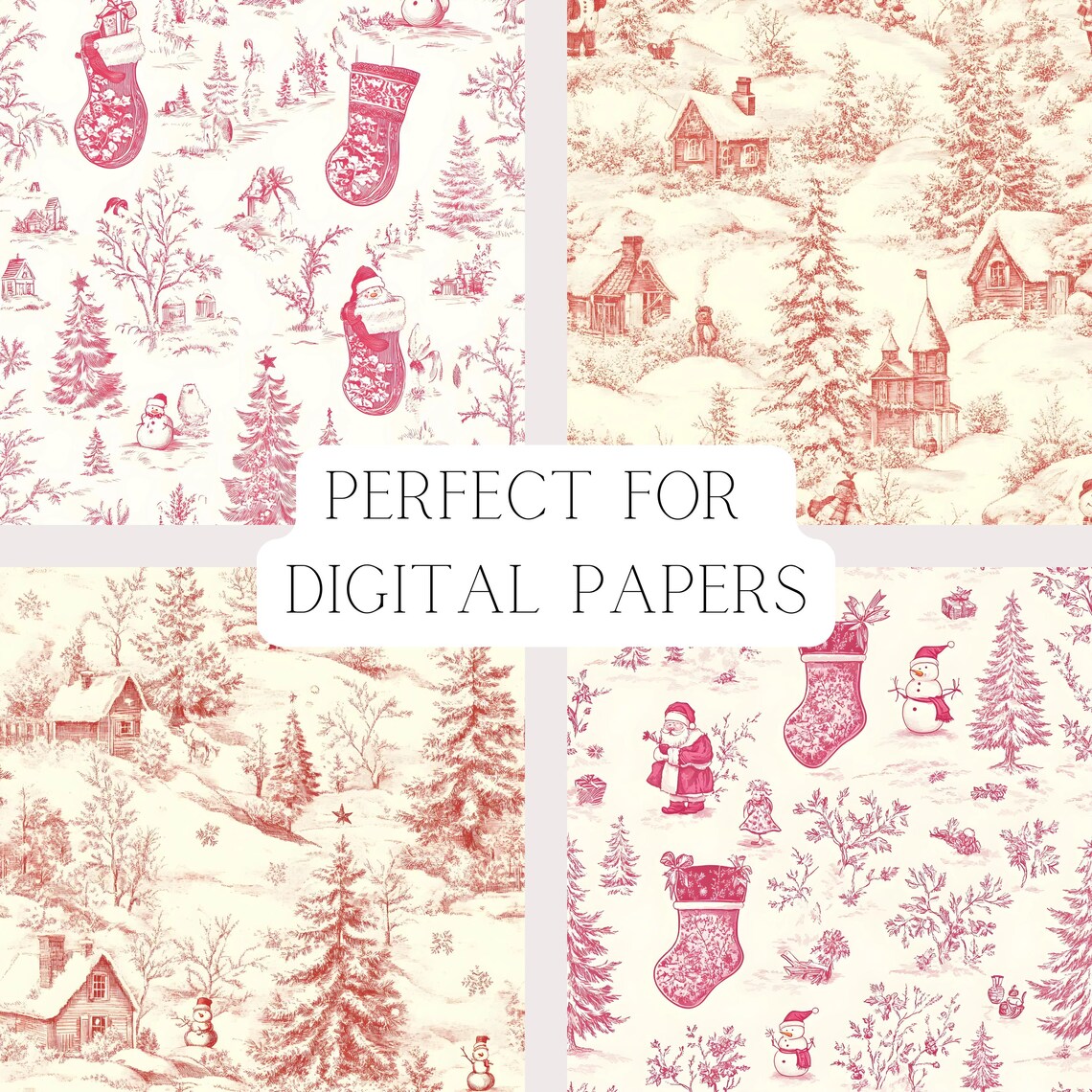 Classic Red Toile Holiday Print Pack: 16 Seamless Vintage Patterns ...