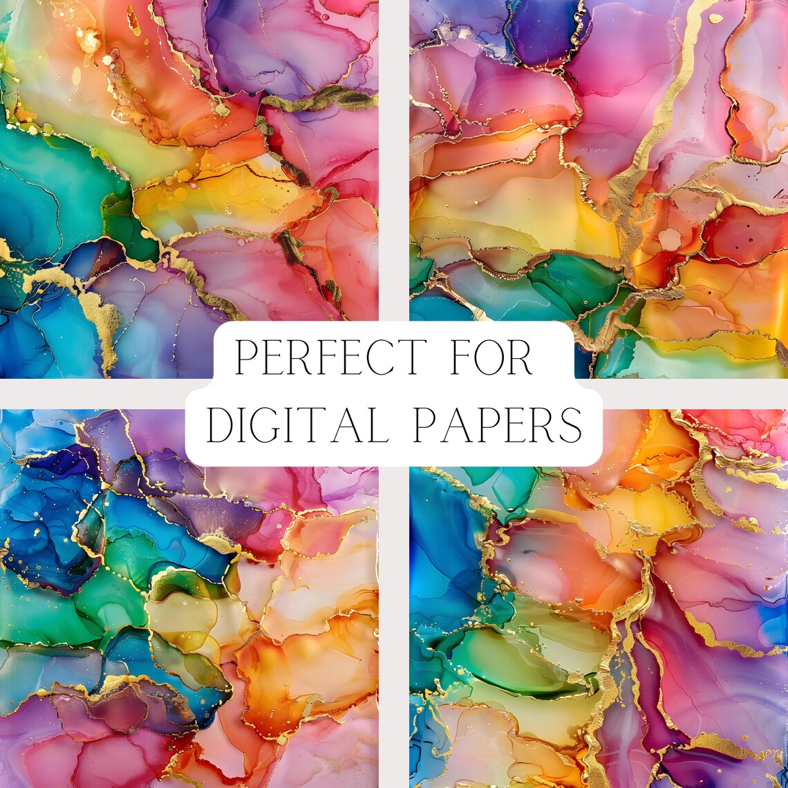 Vibrant Rainbow Alcohol Ink Patterns Digital Download for Scrapbook and ...
