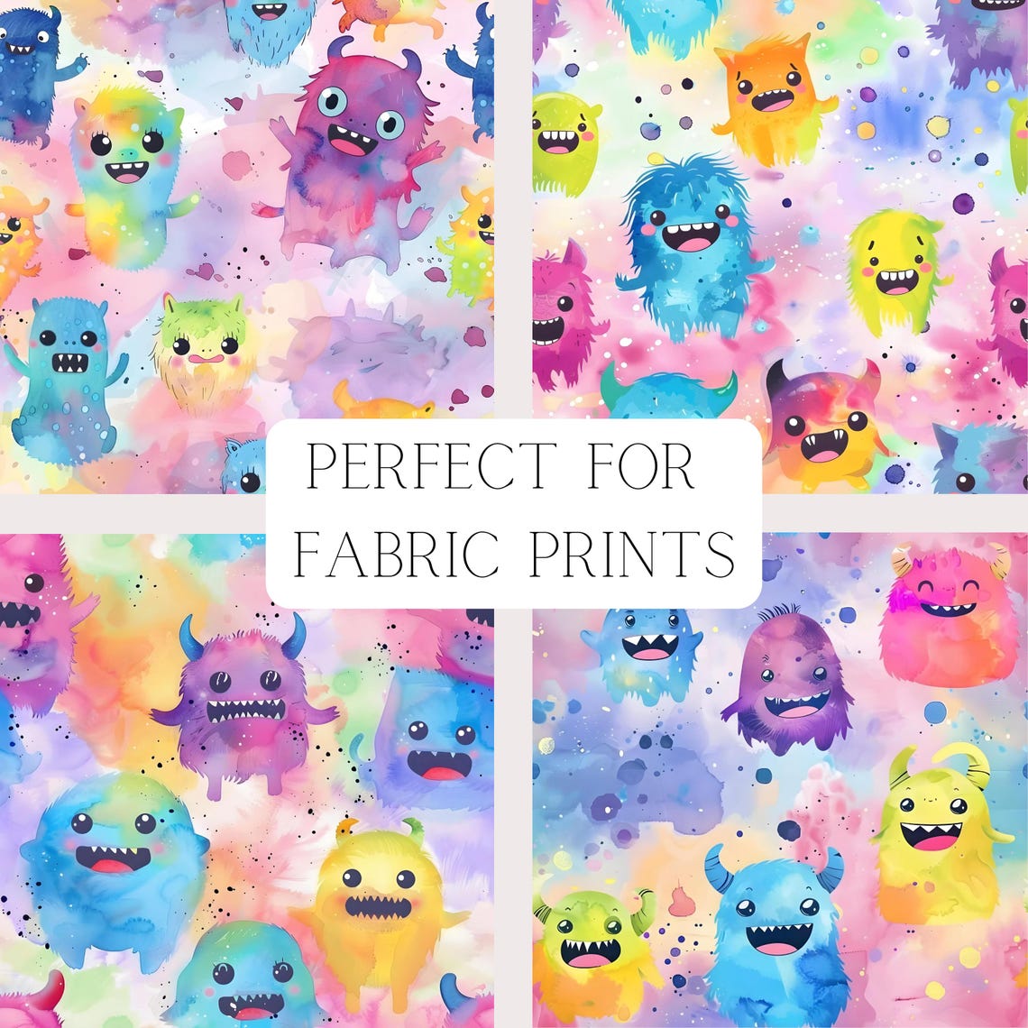 Vibrant Monster Clipart Bundle With Watercolor Background and Patterns ...