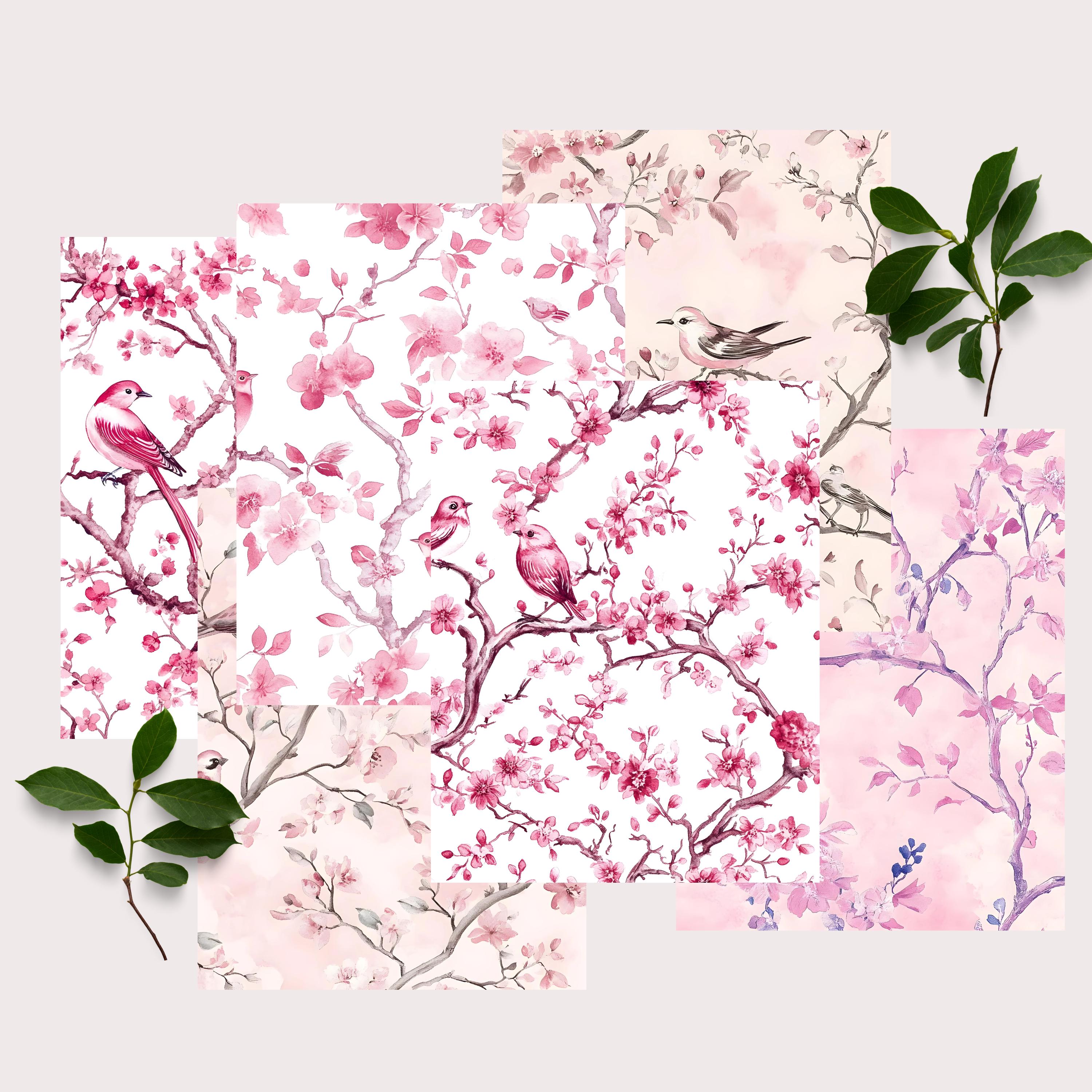 Elegant Pink Chinoiserie Bird Patterns: High-res Seamless Backgrounds ...