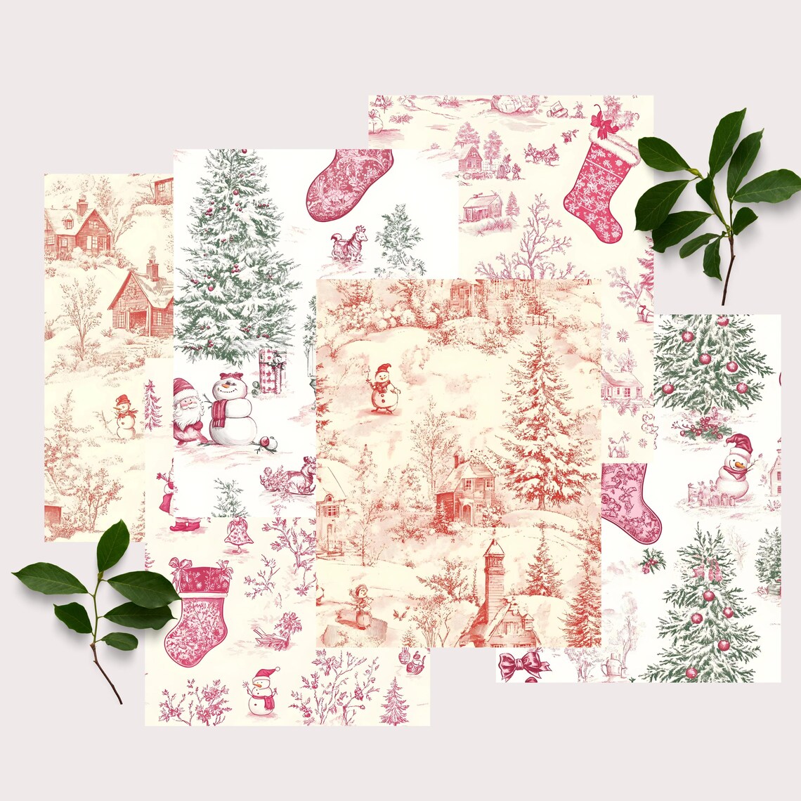 Classic Red Toile Holiday Print Pack: 16 Seamless Vintage Patterns ...