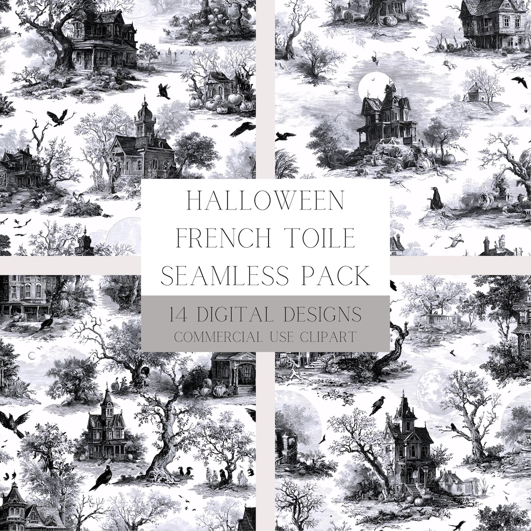 Haunted House French Toile PNG Patterns: Spooky Halloween Digital Paper ...