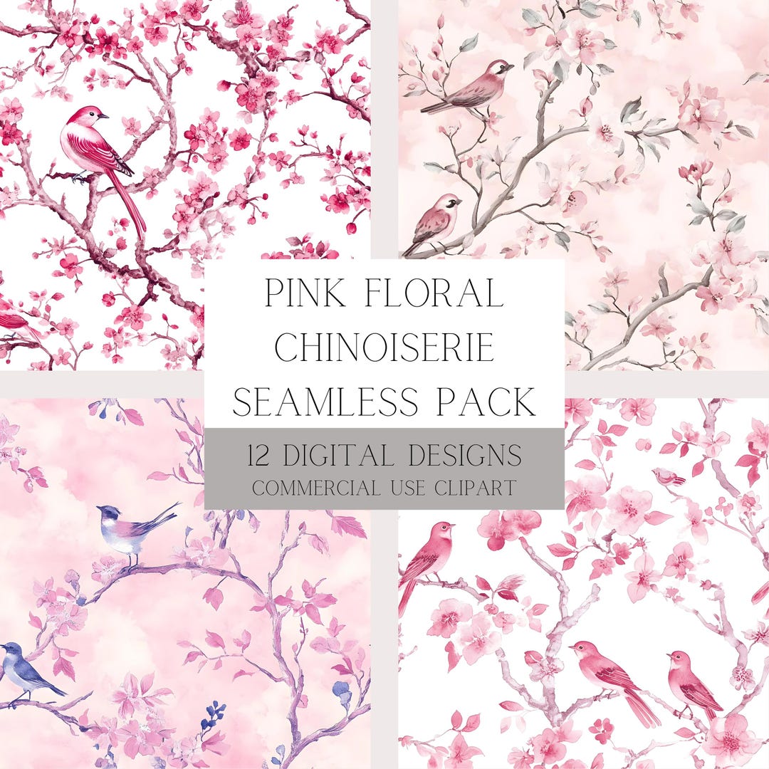 Elegant Pink Chinoiserie Bird Backgrounds: 12 High-res Seamless ...