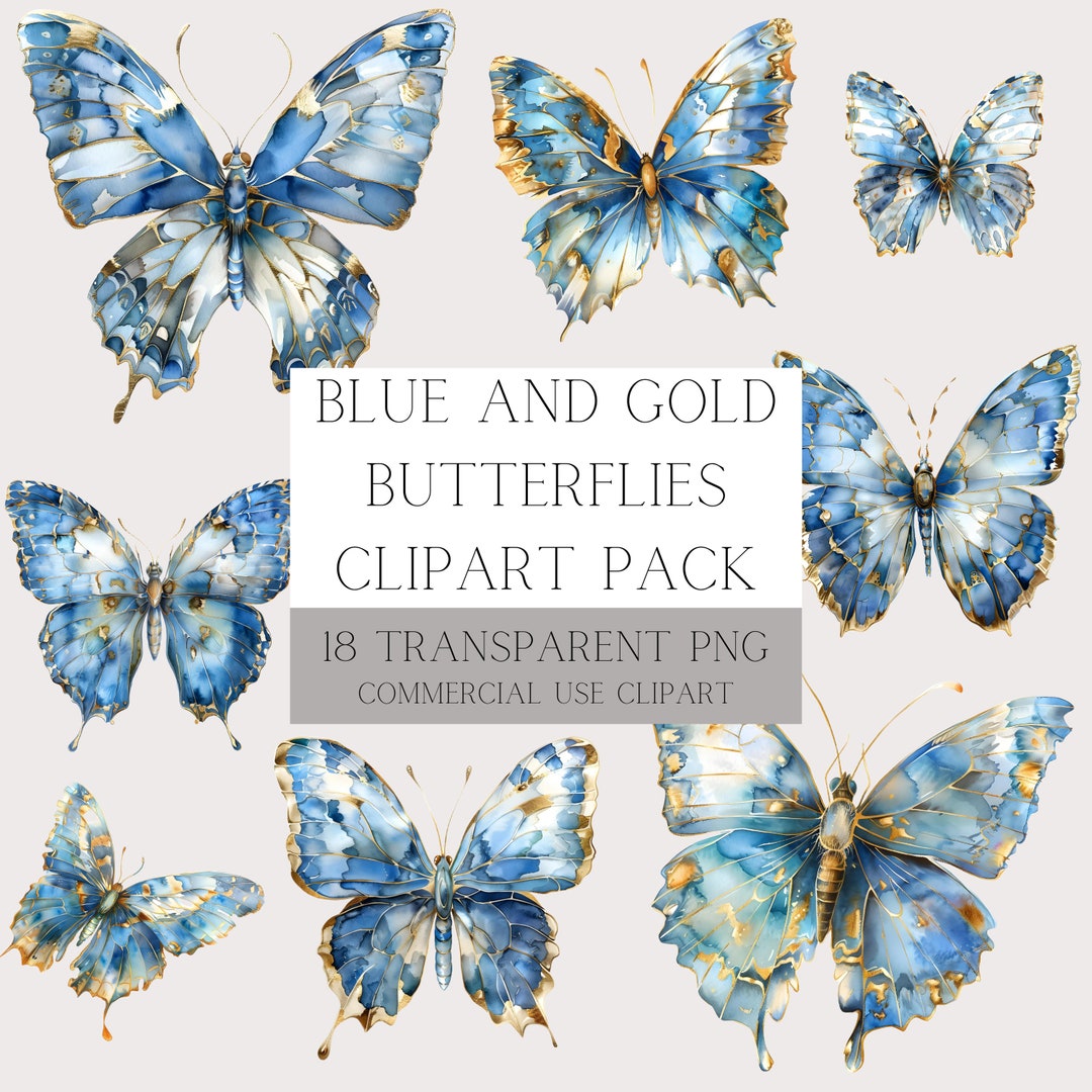 Blue Gold Butterfly Clipart PNG Graphics Digital Download Watercolor ...