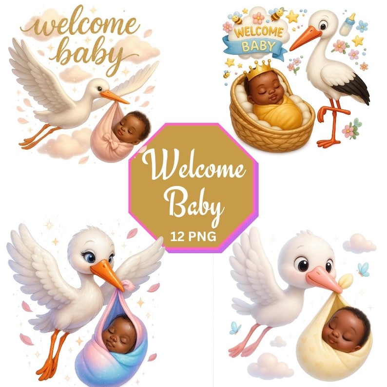 Afro Baby Clipart: Welcome Baby Stork, Nursery Art (PNG Digital ...