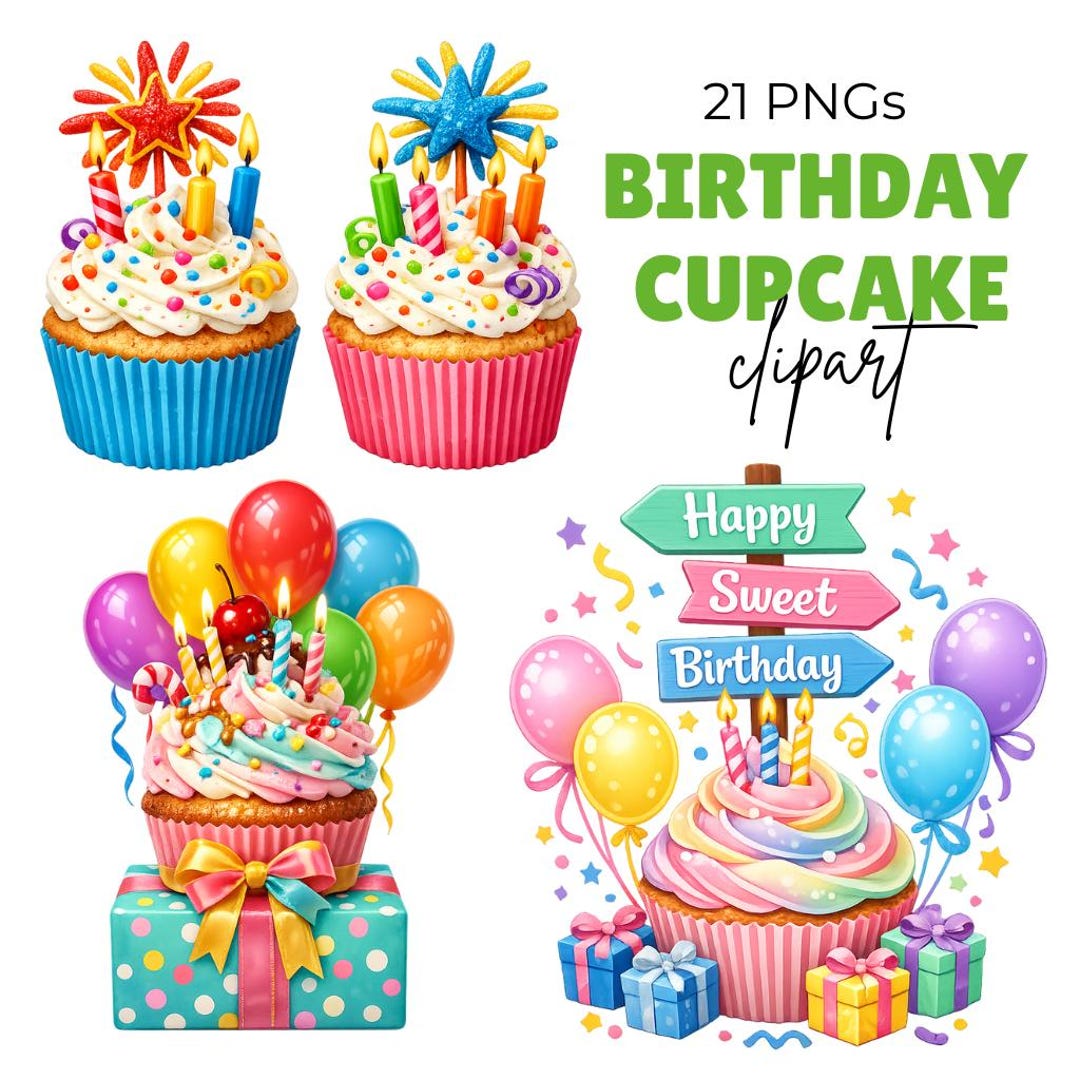 Birthday Cupcakes Clipart, Adorable Party Dessert Graphics, Digital ...