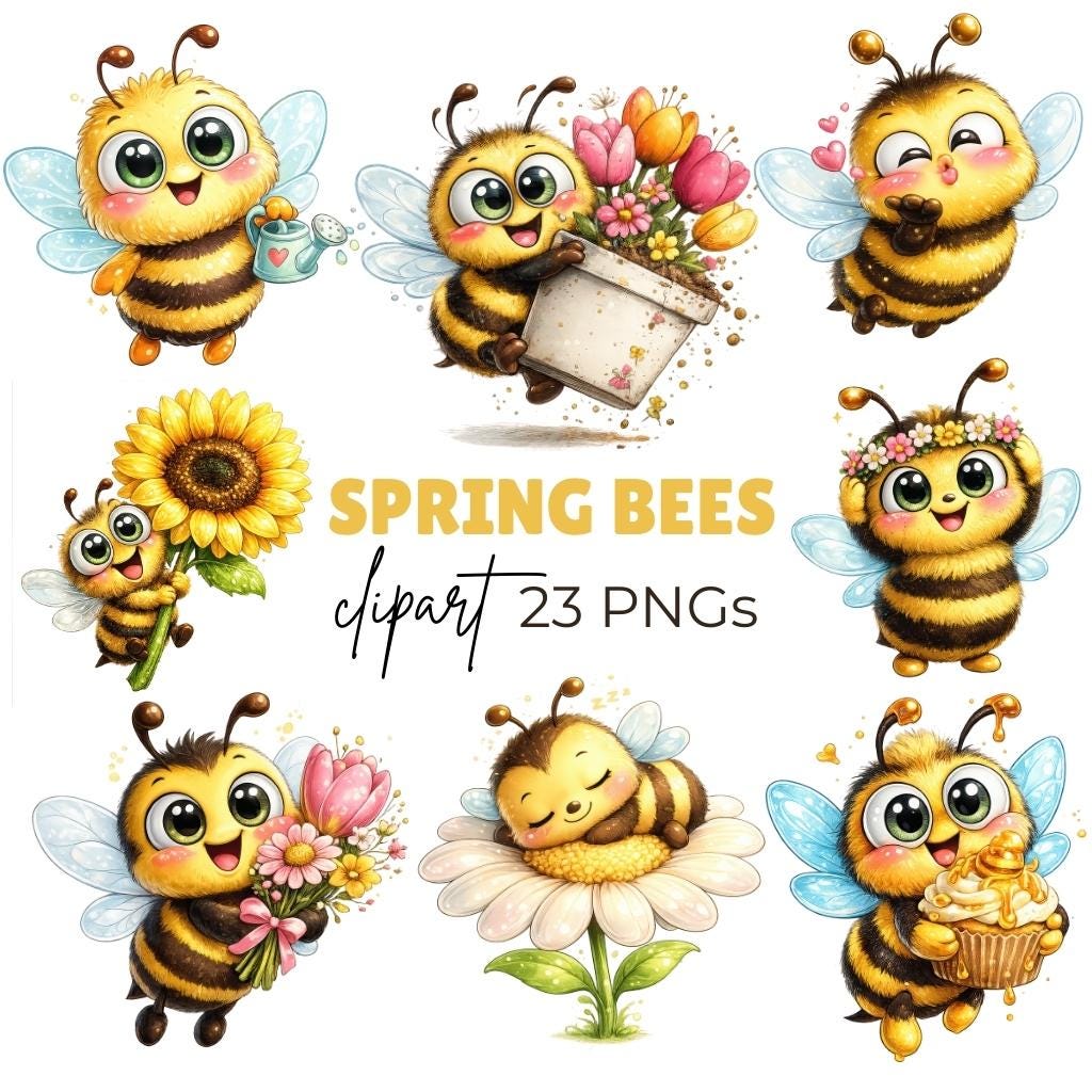 Quirky Bee Spring Clipart, Whimsical Bumblebee Graphics, Digital ...