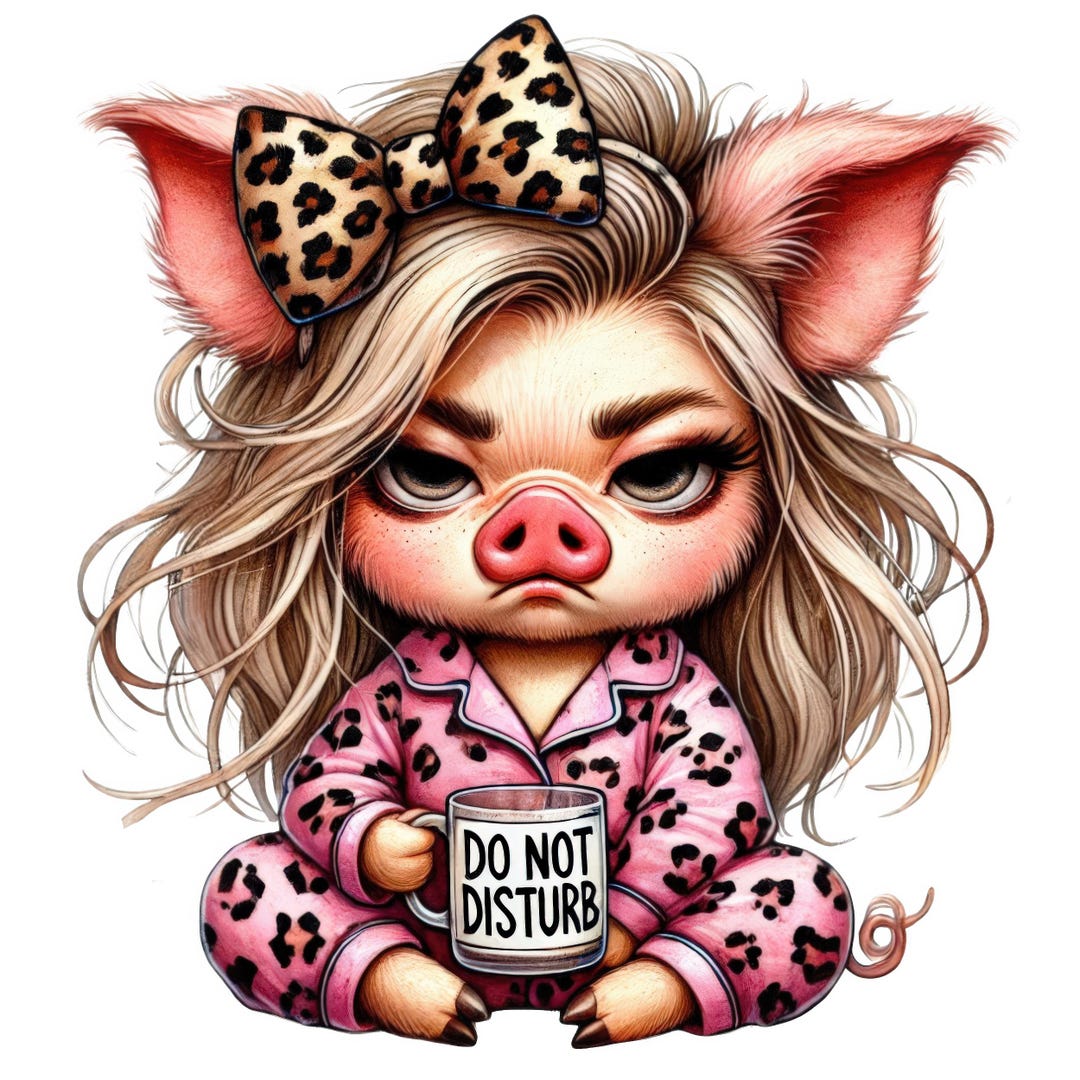 Watercolor Grumpy Pig Coffee Clipart, 12 PNG Grumpy Pig Clipart, Girl Bandana, Funny Pig, Pig ...