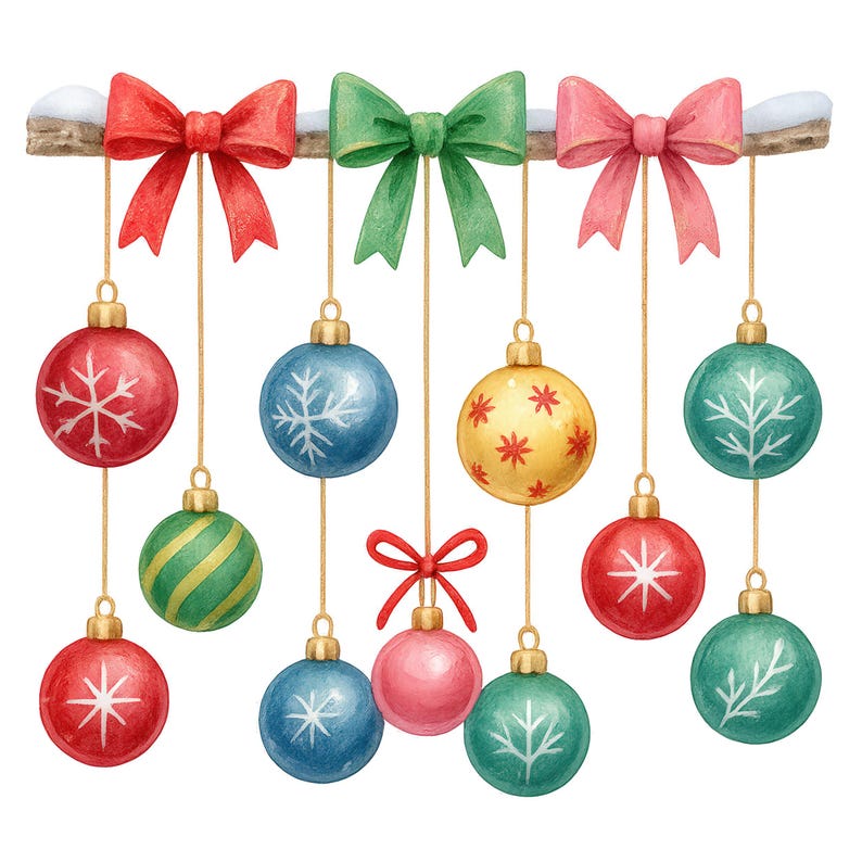 Christmas Baubles Clipart Set: Festive Hanging Ornaments (digital ...