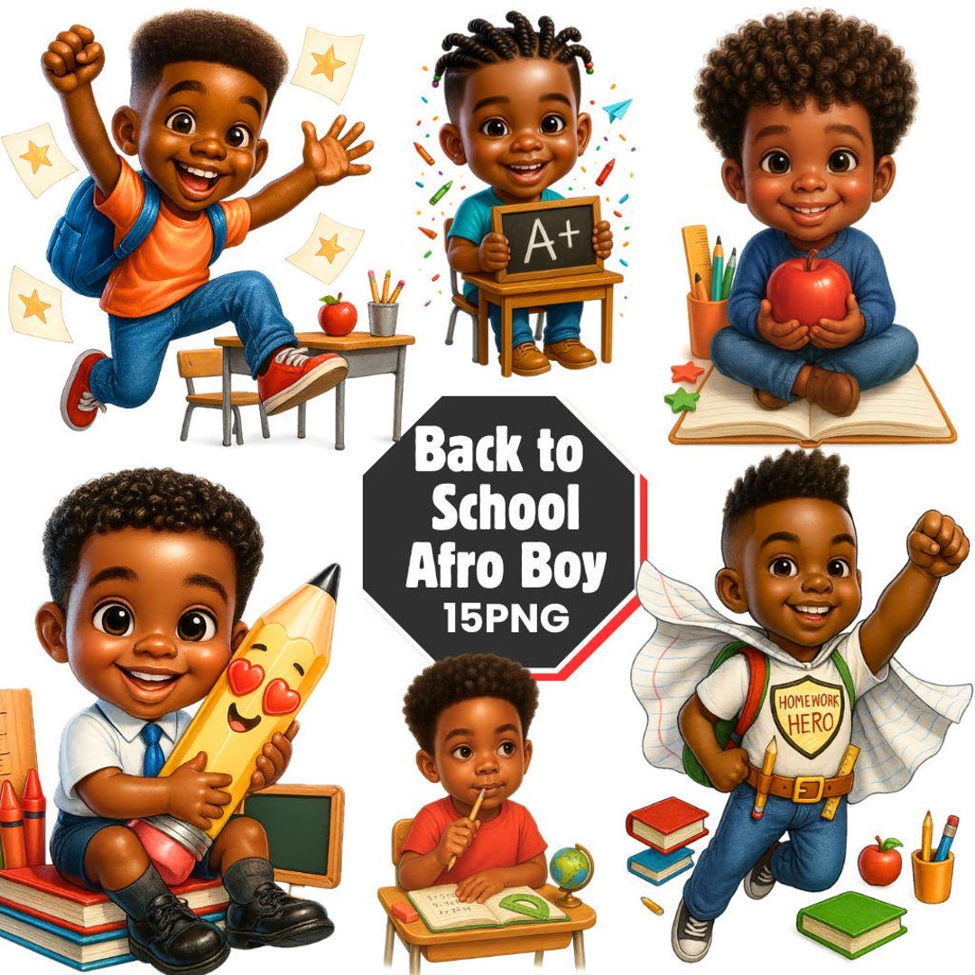 Black Boy Back to School Clipart: Afro Png Graphics, Adorable African ...