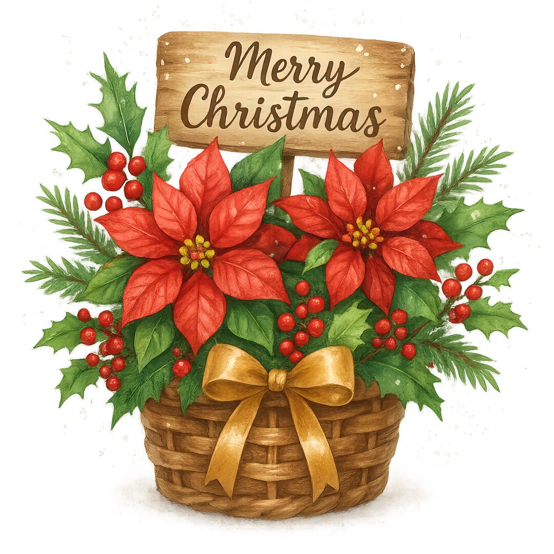 Christmas Floral Basket Clipart: Festive Holiday Basket Graphics ...