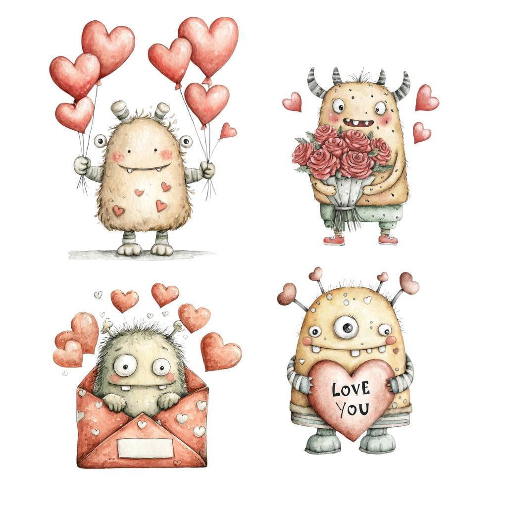 Valentine Adorable Monster Clipart: Whimsical Graphics (digital ...
