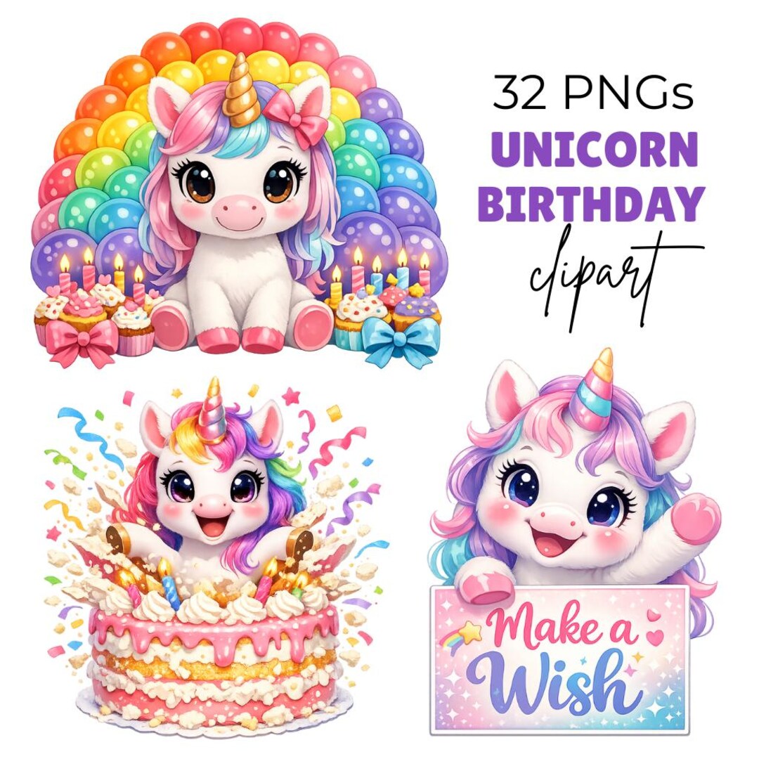 Unicorn Birthday Clipart: Magical Party Graphics (commercial Use ...