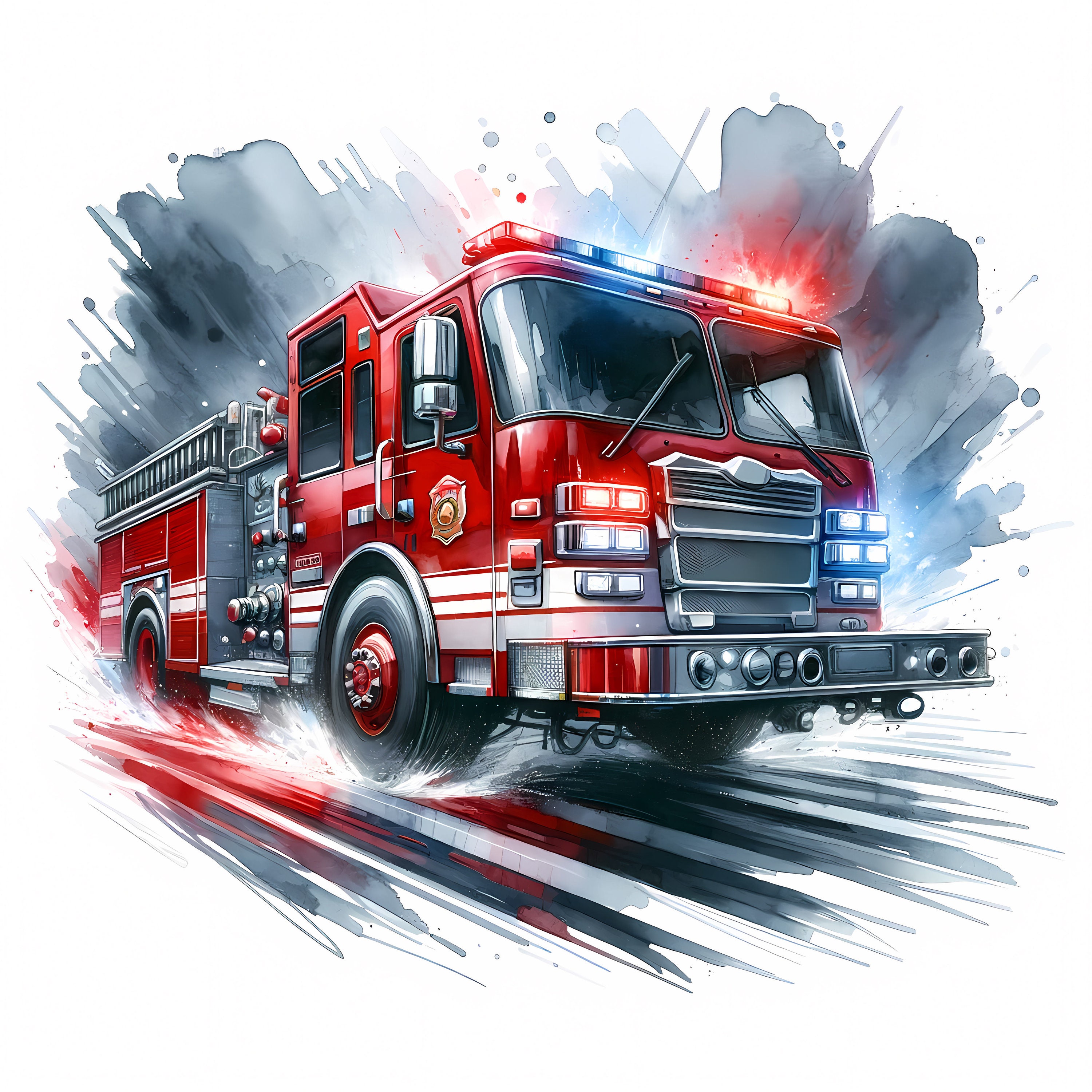 Watercolor Fire Engine Clipart - Rescue Vehicle Art (digital Download ...