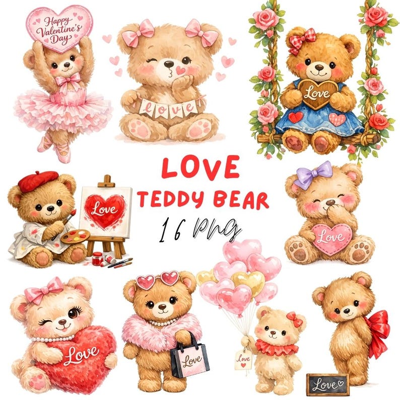 Valentine Teddy Bear Clipart, PNG Graphics (digital Download) Set of 16 ...