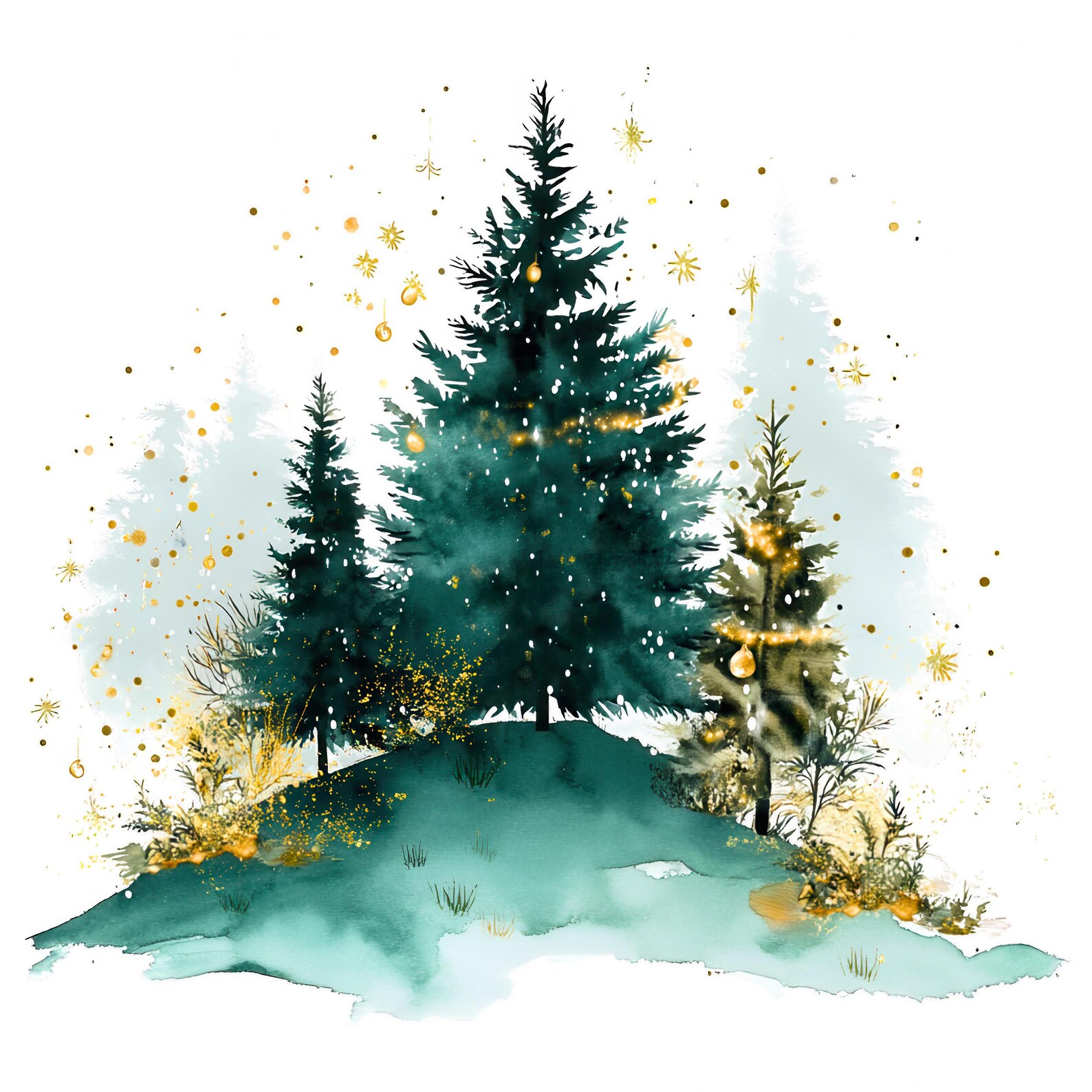 Glitter Christmas Trees Clipart, Watercolor Xmas Tree, Digital Download ...