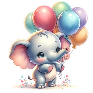 Baby Elephant With Balloons Clipart: Nursery Art (digital Download ...