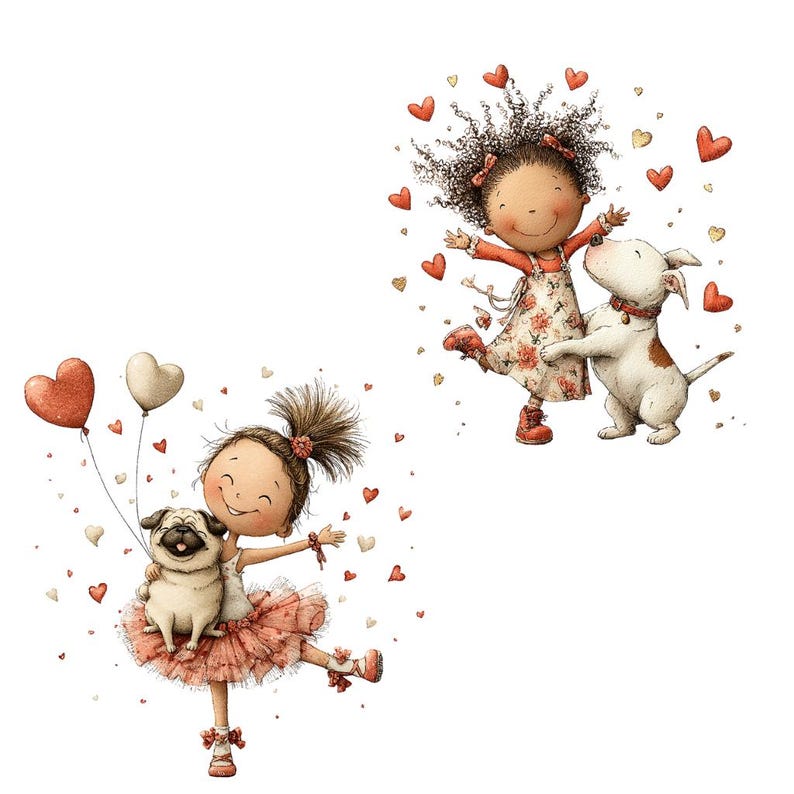 Whimsical Girl & Dog Clipart: Adorable Love Graphics (digital Download ...