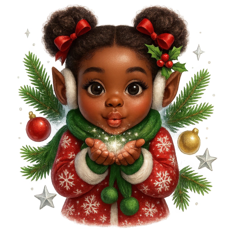 Black Elf Girl Christmas Clipart: African American Holiday PNG (set of ...