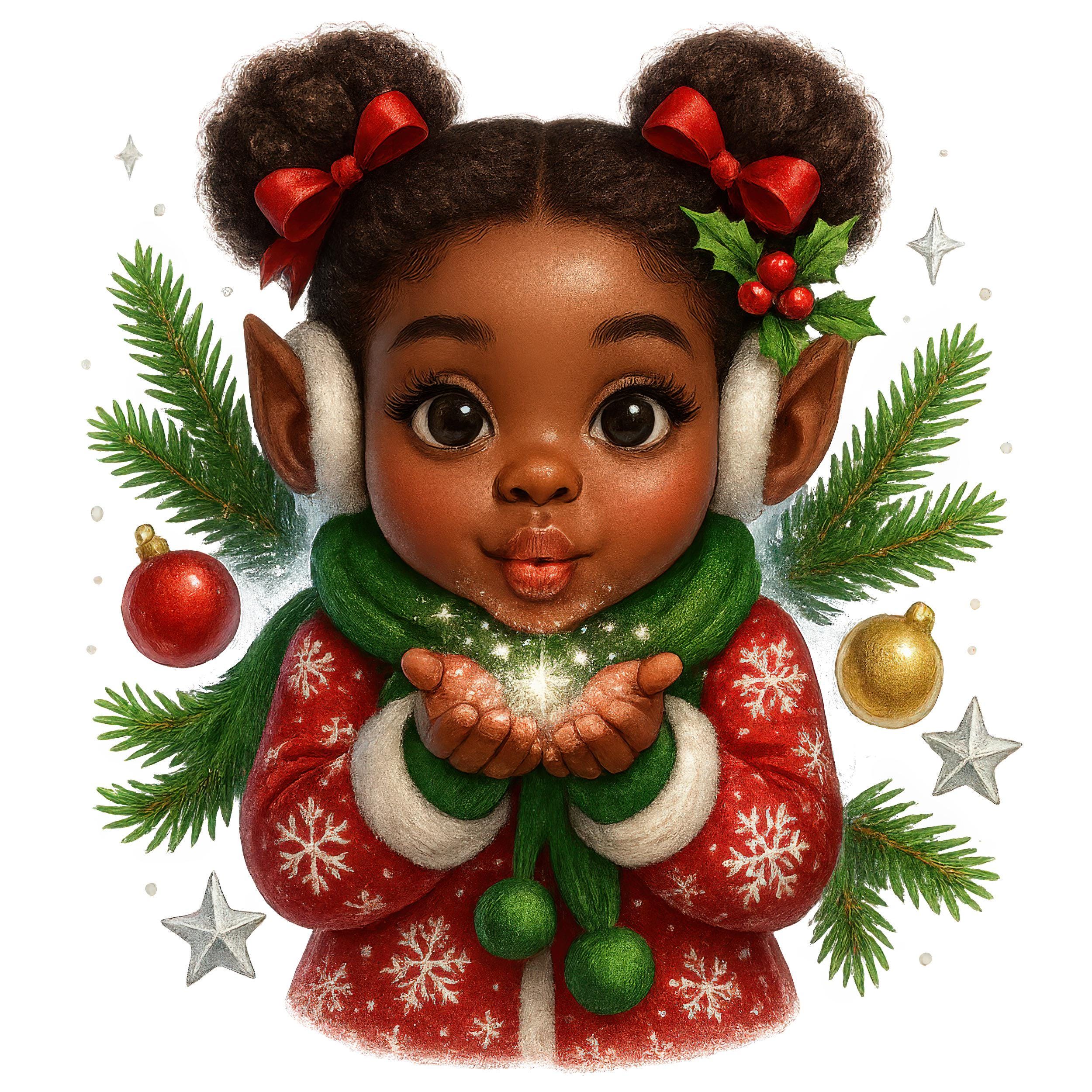 Black Elf Girl Christmas Clipart: African American Holiday PNG (set of ...