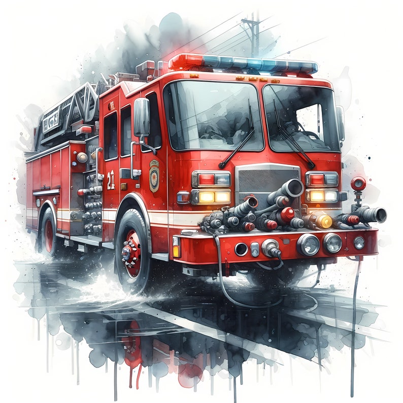 Watercolor Fire Engine Clipart - Rescue Vehicle Art (digital Download ...