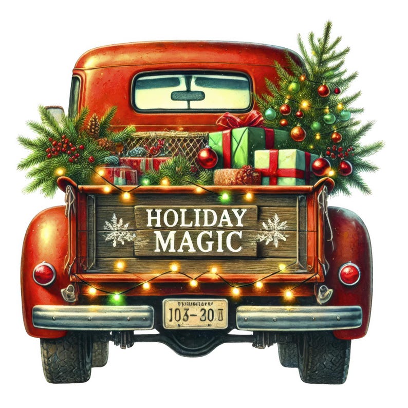 Christmas Truck Clipart: Festive Holiday Vintage Truck, 12 PNG & JPG ...