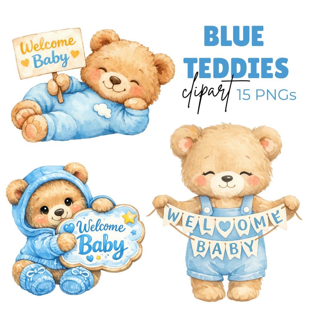 Blue Teddies Welcome Baby Clipart, Nursery Art, Baby Shower, Digital ...