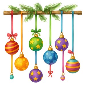 Christmas Baubles Clipart Set: Festive Hanging Ornaments (digital ...