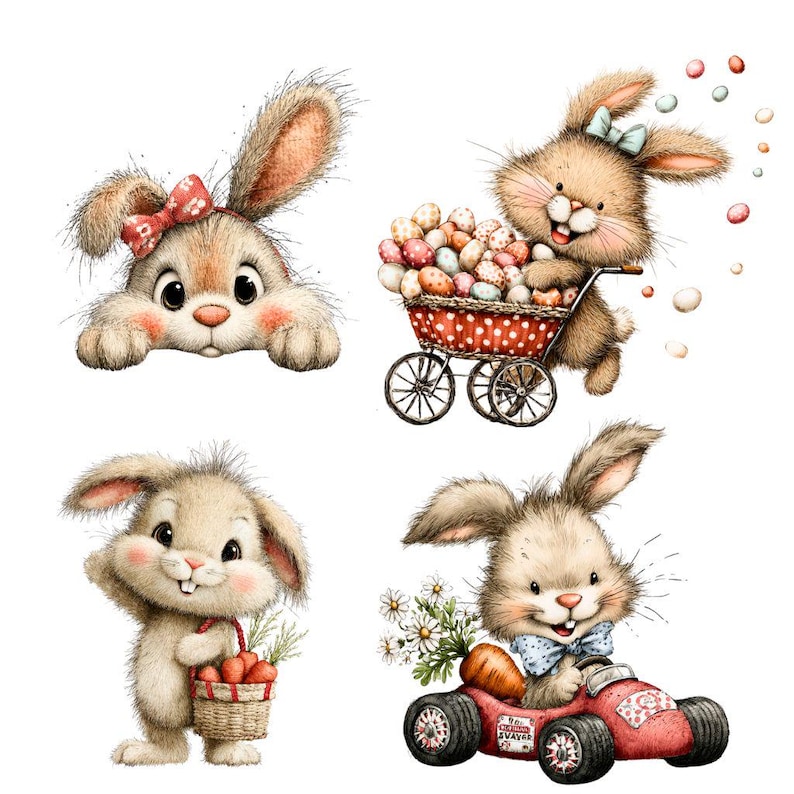 Whimsical Bunny Easter Clipart: Spring Rabbit Graphics, Digital ...