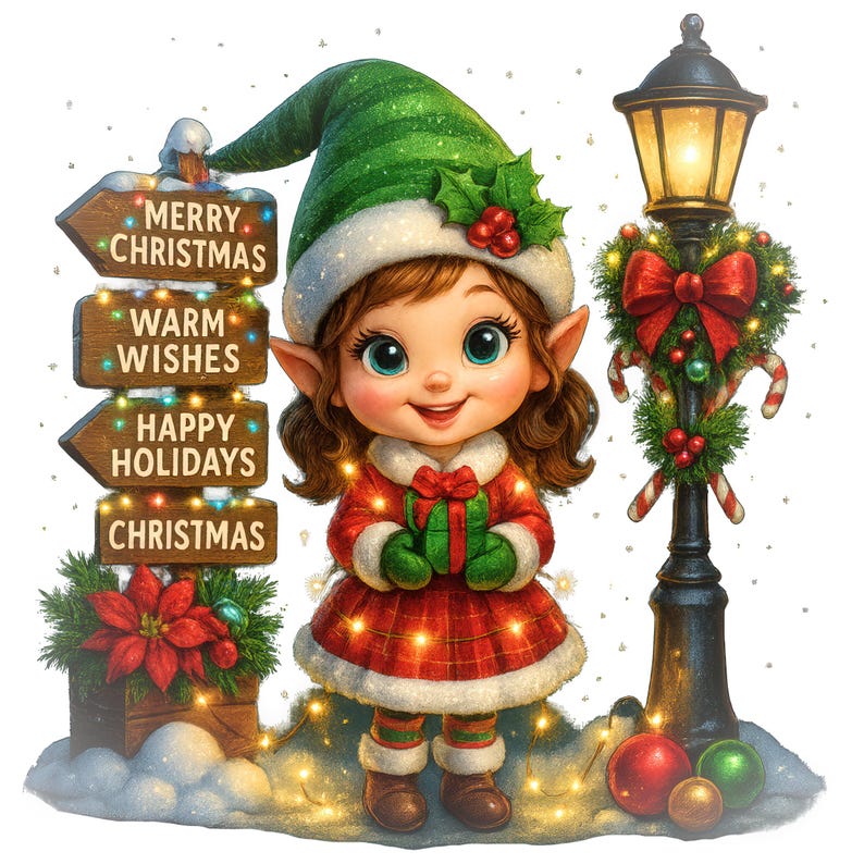 Christmas Elf Girl Clipart: Festive Holiday PNG Graphics (set of 12 ...