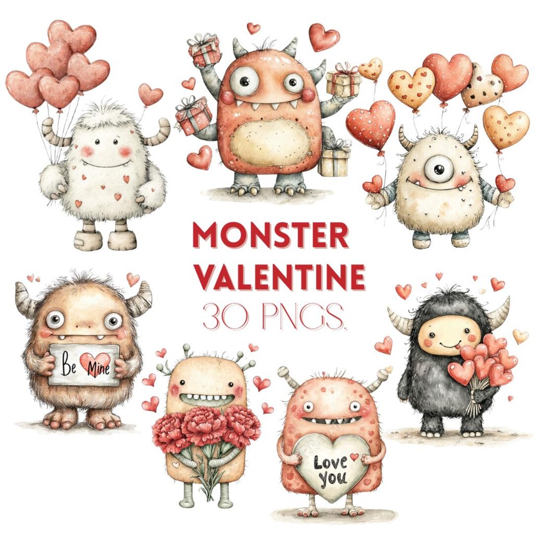 Valentine Adorable Monster Clipart: Whimsical Graphics (digital ...