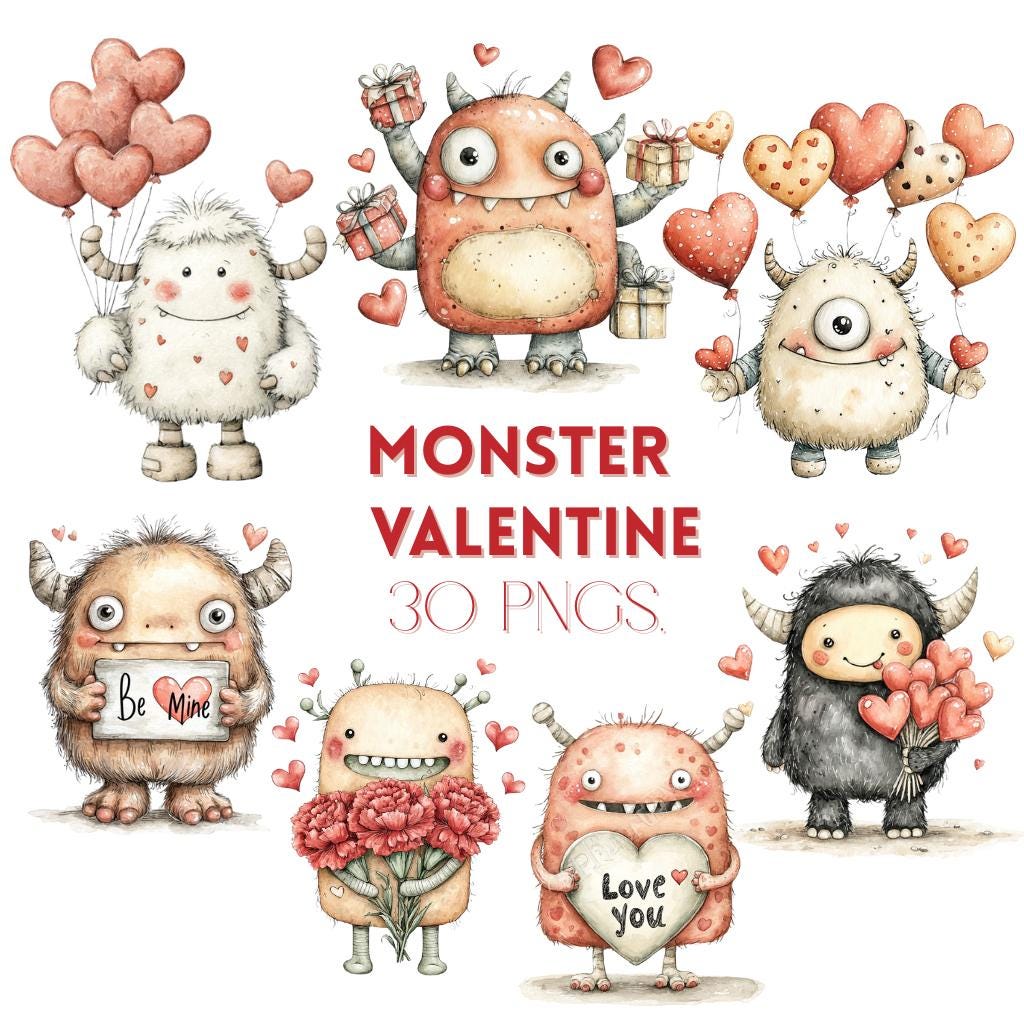 Valentine Adorable Monster Clipart: Whimsical Graphics (digital ...