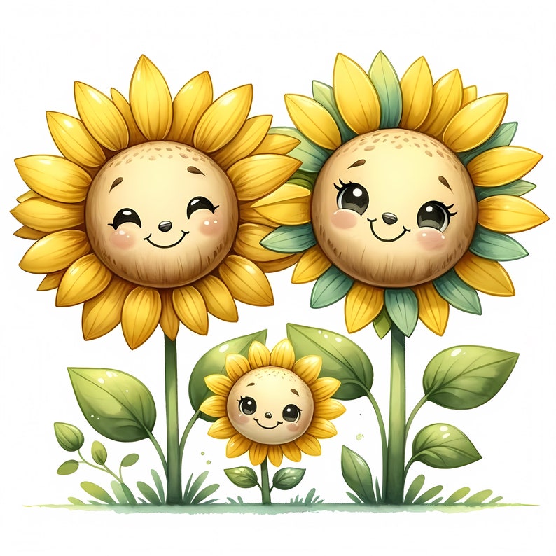 Smiling Sunflower Clipart: Watercolor Charming Sunflower Kids ...