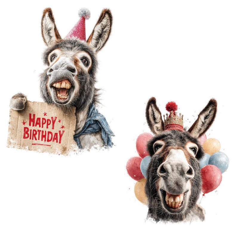 Funny Birthday Donkey Clipart | Party Donkey Graphics | Digital ...