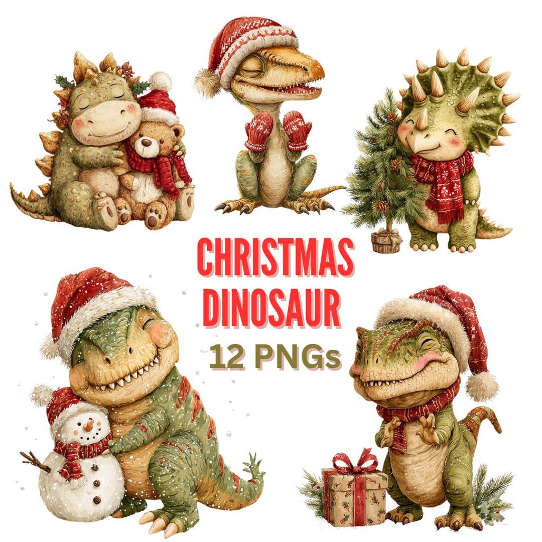 Christmas Dinosaur Clipart: Sweet Festive Holiday Graphics (digital ...